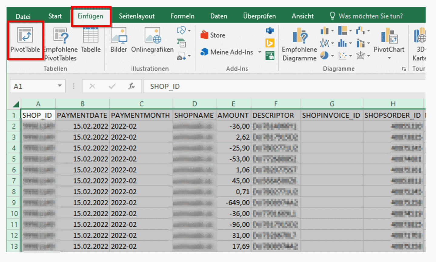 How to create Pivot table from CSV settlement report imported in Excel
