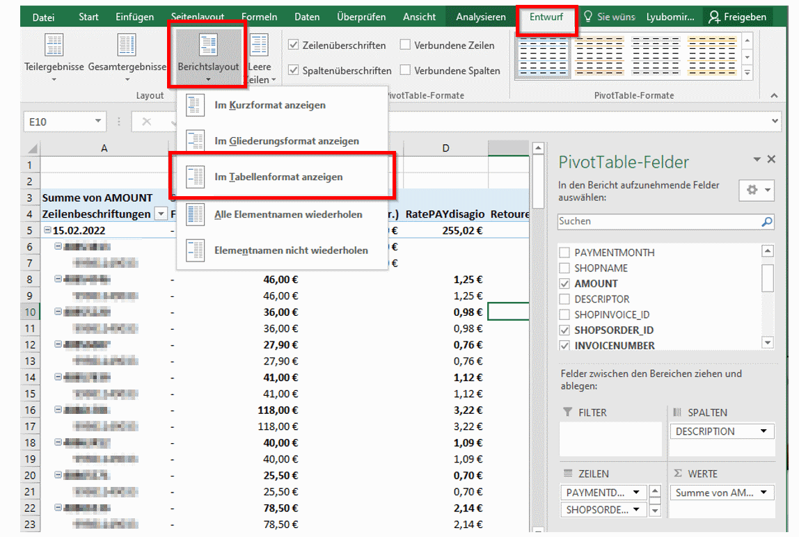 How to create Pivot table from CSV settlement report imported in Excel