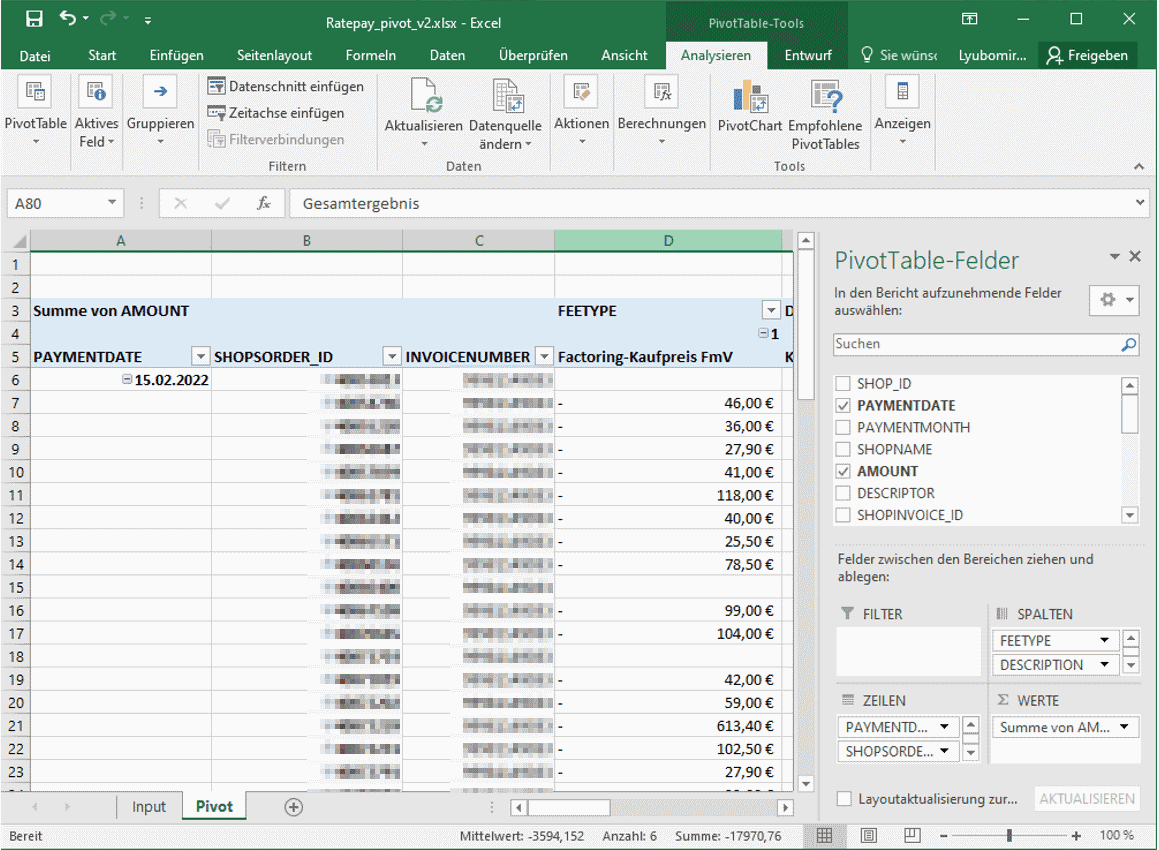 How to create Pivot table from CSV settlement report imported in Excel