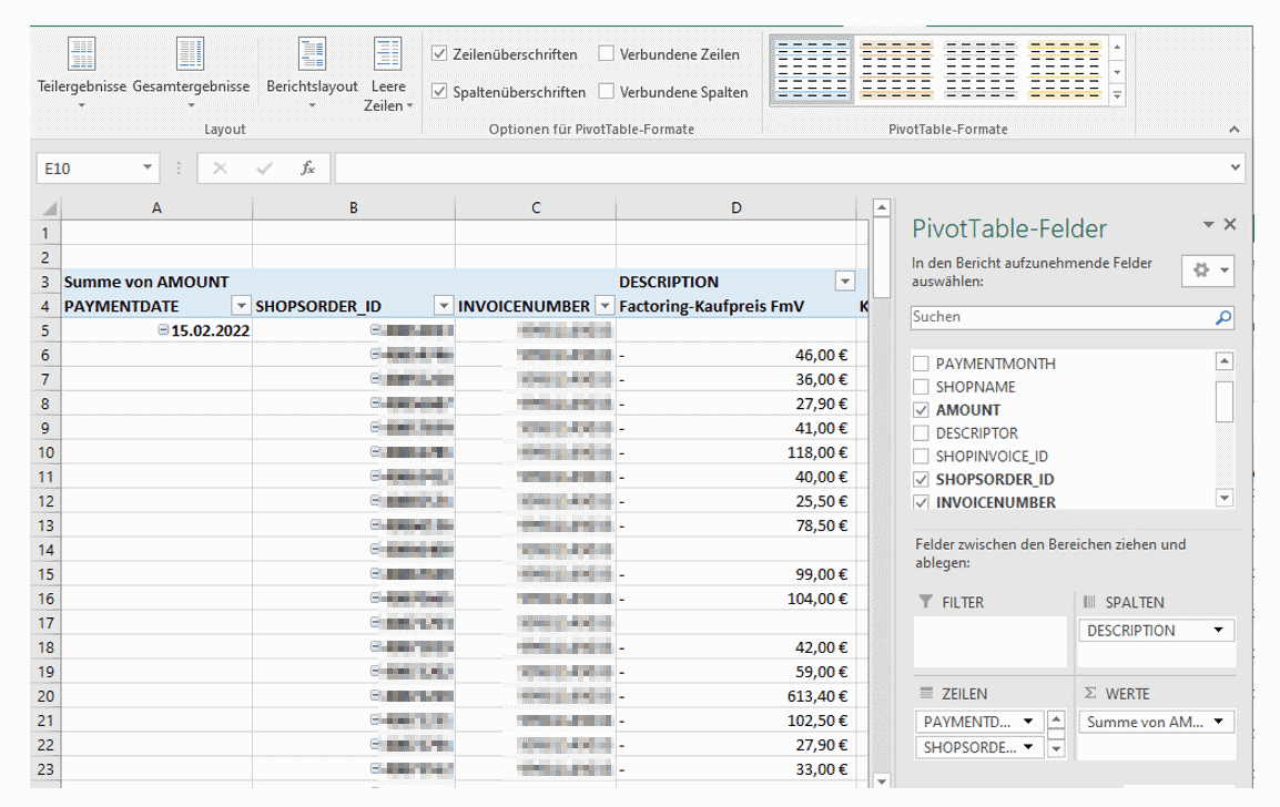 How to create Pivot table from CSV settlement report imported in Excel